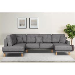 Wohnlandschaft Home Affaire, B:310cm H:90cm T:192cm, grau, 100% Polyester, Sofas, "TRIPLO U-Form wahlweise mit Schlaffunktion, B/T/H: 310/192/90 cm",
