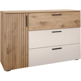 Kombikommode Schlafkontor, B:125cm H:82,6cm T:40cm, beige, Melamin, Schlafzimmer, Sideboards, "Daria mit 3 Schubkästen und Rillenoptik"