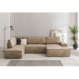 Wohnlandschaft Home Affaire, B:329cm H:85cm T:195cm, beige, 100% Polyester, Sofas, "SHERWOOD 329 cm, U-Form, Schlafsofa", Schlaffunktion m.