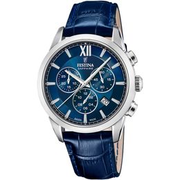 Festina Herren Chronograph "Swiss Made Collection", blau, Armbanduhren, Quarzuhr, Herrenuhr, Datum, Lederarmband, Saphirglas, Swiss Made