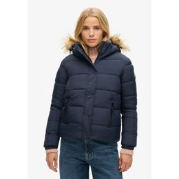 Superdry Damen Steppjacke "FAUX FUR SHORT HOOD PUFFER", blau, Gr. L, unifarben, Web, Obermaterial: 97% Nylon, 3% Polyester, Jacken