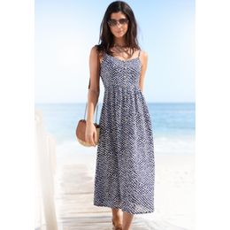 Lascana Damen Sommerkleid, blau, Gr. 34, bedruckt, Web, Obermaterial: 58% Viskose, 28% Baumwolle, 14% Leinen, Kleider, aus Leinenmix, Midikleid mit