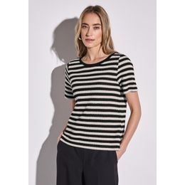 Street One Damen T-Shirt, schwarz, Gr. 40, gestreift, Jersey, Obermaterial: 65% Baumwolle, 35% Polyester, Shirts, mit Streifen Muster