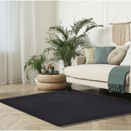 Teppich my home, B:40cm H:5mm L:60cm, schwarz, Baumwolle, Wohnzimmer, Teppiche, "Cadis", Wendeteppich, mit Fransen, Uni Farben, handgewebt, reine