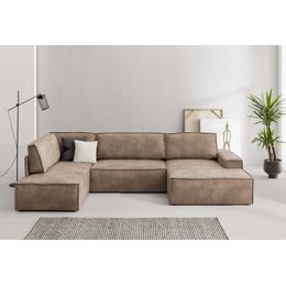 Wohnlandschaft Home Affaire, B:329cm H:85cm T:195cm, braun, 100% Polyester, Sofas, "SHERWOOD 329 cm, U-Form, Schlafsofa", Schlaffunktion m.