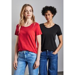V-Shirt Street One, Damen, Gr. 34, schwarz (schwarz, glory rot), Web, 50% Baumwolle, 50% Modal, unifarben, normal normal, V-Ausschnitt, B&uuml;ndchen, Shirts, im soften Baumwoll-Mix