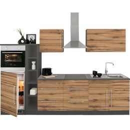 K&uuml;chenzeile KOCHSTATION, B:300cm H:200cm T:60cm, braun, Komplettk&uuml;chen-Sets, "KS-Samos", Breite 300 cm, wahlweise mit E-Ger&auml;ten und Induktionkochfeld