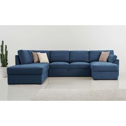 Wohnlandschaft Home Affaire, B:309cm H:88cm T:224cm, blau, 100% polyester, Sofas, "Citry", Breite 309 cm, Chenille, Bettfunktion, Bettkasten, U-Form