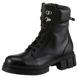 Tommy Hilfiger Damen Bikerboots "LACE-UP BIKER LEATHER", Gr. 38, schwarz, Leder, Lederimitat, unifarben, Schuhe, Blockabsatz, Schn&uuml;rboots,