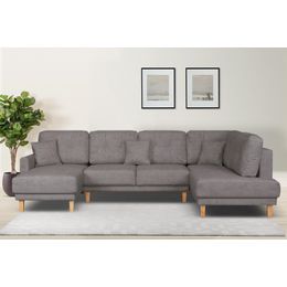 Wohnlandschaft Home Affaire, B:310cm H:90cm T:192cm, grau, 100% Polyester, Sofas, "TRIPLO U-Form wahlweise mit Schlaffunktion, B/T/H: 310/192/90 cm",