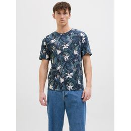 Jack & Jones JACK & JONES Herren Rundhalsshirt "JJEBRYAN AOP TEE S/S O-NECK NOOS", blau, Gr. M, bedruckt, Jersey, Obermaterial: 100% Baumwolle, Shirts, mit