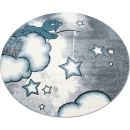Kinderteppich, H:12mm &Oslash;:160cm, blau, Ayyildiz Teppiche, Kunstfaser, Teppiche, "Kids 580", auch rechteckig, Motiv Sterne, Teddyb&auml;r, Kurzflor