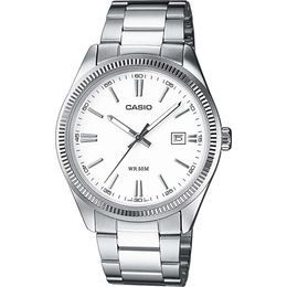 Damen Quarzuhr, silber, CASIO TIMELESS COLLECTION, Armbanduhren, Armbanduhr, Herrenuhr, Damenuhr, Datum, Neo-Display, Edelstahlarmband