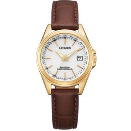 Citizen Damen Funkuhr, braun, Armbanduhren, Armbanduhr, Damenuhr, Solar, Lederarmband, Saphirglas, Datum