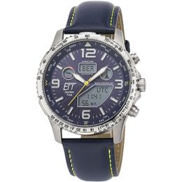 ETT Herren Funkchronograph "Professional World Timer", blau, Armbanduhren, Armbanduhr, Herren, Solar, Titan, Datum, Stoppfunktion, Lederarmband