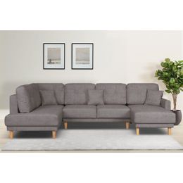 Wohnlandschaft Home Affaire, B:310cm H:90cm T:192cm, grau, 100% Polyester, Sofas, "TRIPLO U-Form wahlweise mit Schlaffunktion, B/T/H: 310/192/90 cm",