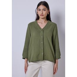 Shirtbluse STREET ONE STUDIO, Damen, Gr. 34, grün (peridot grün), Web, 100% Baumwolle, unifarben, normal normal, V-Ausschnitt, Bündchen, Blusen, mit 3/4 Ärmeln