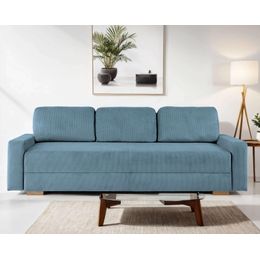 3-Sitzer Inosign, B:225cm H:80cm T:94cm, blau, 100% Polyester, Sofas, "SHERIDIAN Schlafsofa mit Bettkasten, in Feincord & Velvet", mit
