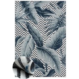 Teppich, B:200cm H:8mm L:300cm, blau, MyFlair MÖBEL & ACCESSOIRES, Polypropylen, Wohnzimmer, Teppiche, "Tiki, LAGERRÄUMUNG", Blätter Motiv, Hoch-Tief