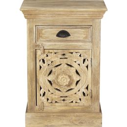 Kommode Sit, B:50cm H:72cm T:35cm, beige, Massivholz, Metall, Schlafzimmer, Sideboards, Mit aufw&auml;ndigen Holzschnitzereien