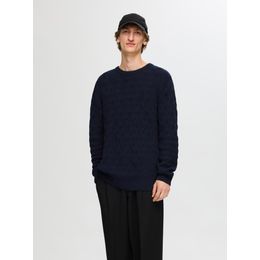 Selected Homme Herren Strickpullover "SLHCALLIS LS KNIT CABLE CREW NECK NOOS", blau, Gr. M, unifarben, Strick, Obermaterial: 100% Baumwolle, Pullover