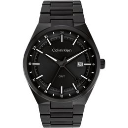 Quarzuhr Calvin Klein "DISTINGUISH GMT", schwarz (schwarz, schwarz), Armbanduhren, Kinder, Quarzuhr, Armbanduhr, Herrenuhr, Edelstahlarmband, analog, Tag, 2. Zeitzone