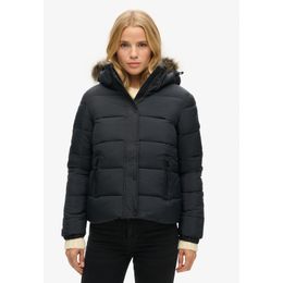 Superdry Damen Steppjacke "FAUX FUR SHORT HOOD PUFFER", schwarz, Gr. XL, unifarben, Web, Obermaterial: 97% Nylon, 3% Polyester, Jacken