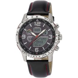 ETT Herren Funkchronograph "Professional World Timer", schwarz, Armbanduhren, Armbanduhr, Herren, Solar, Titan, Datum, Stoppfunktion, Lederarmband