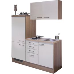 Küchenzeile Flex-Well, B:160cm H:200cm T:60cm, beige, Komplettküchen-Sets, "Nepal", Gesamtbreite 160 cm, mit Einbau-Kühlschrank, Kochfeld und Spüle
