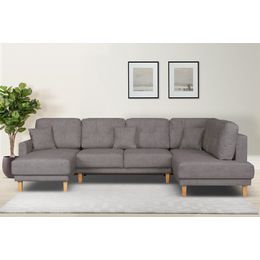 Wohnlandschaft Home Affaire, B:310cm H:90cm T:192cm, grau, 100% Polyester, Sofas, "TRIPLO U-Form wahlweise mit Schlaffunktion, B/T/H: 310/192/90 cm",