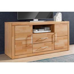 Lowboard Home Affaire, B:130cm H:62cm T:42cm, beige, Holz teilmassiv, Wohnzimmer, Sideboards, "Logo,130cm breit, Fronten Massivholz,5 Fächer", Holz