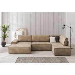 Wohnlandschaft Home Affaire, B:329cm H:85cm T:195cm, beige, 100% Polyester, Sofas, "SHERWOOD 329 cm, U-Form, Schlafsofa", Schlaffunktion m.