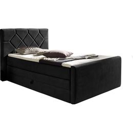Boxspringbett Places of Style, B:110cm L:221cm, schwarz, Kunststoff, Massivholz, Stoff, Komplettbetten, "Atlanta", inklusive Topper und Bettkasten