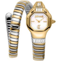 Quarzuhr JUST cavalli time "Signature Snake", gold (silbergoldfarben, weiß), Armbanduhren, Damen, Armbanduhr,Damenuhr,Edelstahlband,Perlmutt-Zifferblatt,Kristallsteine