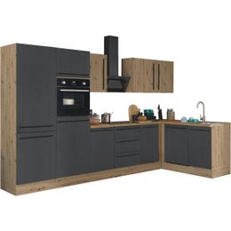 Winkelk&uuml;che KOCHSTATION, B:340cm H:211cm T:60cm, schwarz, Komplettk&uuml;chen-Sets, "Florida, Stellbreite 340x175 cm", wahlweise mit E-Ger&auml;ten, mit
