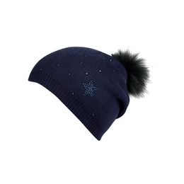 Damen Bommelm&uuml;tze, blau, Capelli New York, unifarben, Feinstrick, Materialmix, M&uuml;tzen, mit Fellbommel-Akzent