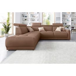 Ecksofa DOMO collection, B:266cm H:84cm T:99cm, braun, Kunstleder SOFTLUX;Struktur fein (100% Polyester);Zierkissen: Microfaser PRIMABELLE (100%