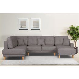 Wohnlandschaft Home Affaire, B:310cm H:90cm T:192cm, grau, 100% Polyester, Sofas, "TRIPLO U-Form wahlweise mit Schlaffunktion, B/T/H: 310/192/90 cm",