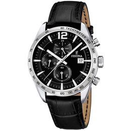 Festina Herren Chronograph, schwarz, Armbanduhren, Armbanduhr, Quarzuhr, Herrenuhr, Lederarmband, Stoppfunktion