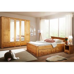 Kleiderschrank Home Affaire, B:245cm H:190cm T:58cm, beige, Schlafzimmer, Schränke, "Hugo", aus massiver Kiefer im Landhausstil, mit Spiegel