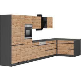 Winkelk&uuml;che KOCHSTATION, B:490cm H:200cm T:60cm, braun, Komplettk&uuml;chen-Sets, "KS-Riesa", Stellbreite 490/153 cm, wahlweise mit Induktionskochfeld