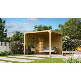 Holzpavillon Karibu, beige, Garten, Pavillons, "Cubus", mit Seiten- und Lamellenwand