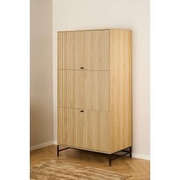 Garderobenschrank ACTONA GROUP, B:99cm H:200cm T:60cm, braun, Melamin, Flur, Schränke, "Albany", Eiche-Optik, Lamellenfront, 4 Türen, 6 Einlegeböden;