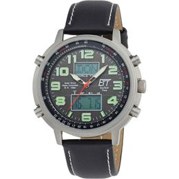 ETT Herren Funkchronograph "Hunter World Timer", schwarz, Armbanduhren, Armbanduhr, Herrenuhr, Datum, Solar, Lederarmband