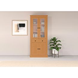 Vitrine Home Affaire, B:77cm H:181cm T:31cm, beige, Massivholz, Wohnzimmer, Schränke, "Liotta", Mit 2 Glastüren und 1 Schublade