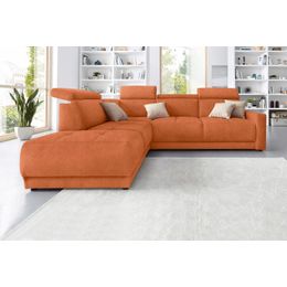 Ecksofa DOMO collection, B:266cm H:84cm T:99cm, orange, Kunstleder SOFTLUX;Struktur fein (100% Polyester);Zierkissen: Microfaser PRIMABELLE (100%