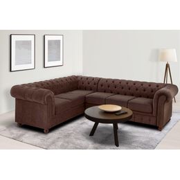 Chesterfield-Sofa Home Affaire "Chesterfield Ecksofa, auch in Leder L-Form", braun, B:250cm H:74cm T:210cm, Luxus-Microfaser (94% Polyester, 5% Nylon, 1% Spandex);Microfaser Antiklederoptik (100% Polyester);NaturLEDER (echtes italienisches Rindsleder), Sofas, hochwertige Knopfheftung, langer Schenkel links oder rechts wählbar