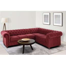 Chesterfield-Sofa Home Affaire "Chesterfield Ecksofa, auch in Leder L-Form", rot (weinrot), B:250cm H:74cm T:210cm, Luxus-Microfaser (94% Polyester, 5% Nylon, 1% Spandex);Microfaser Antiklederoptik (100% Polyester);NaturLEDER (echtes italienisches Rindsleder), Sofas, hochwertige Knopfheftung, langer Schenkel links oder rechts wählbar