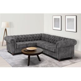 Chesterfield-Sofa Home Affaire "Chesterfield Ecksofa, auch in Leder L-Form", grau (anthrazit), B:250cm H:74cm T:210cm, Luxus-Microfaser (94% Polyester, 5% Nylon, 1% Spandex);Microfaser Antiklederoptik (100% Polyester);NaturLEDER (echtes italienisches Rindsleder), Sofas, hochwertige Knopfheftung, langer Schenkel links oder rechts wählbar
