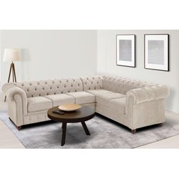 Chesterfield-Sofa Home Affaire "Chesterfield Ecksofa, auch in Leder L-Form", beige (creme), B:250cm H:74cm T:210cm, Luxus-Microfaser (94% Polyester, 5% Nylon, 1% Spandex);Microfaser Antiklederoptik (100% Polyester);NaturLEDER (echtes italienisches Rindsleder), Sofas, hochwertige Knopfheftung, langer Schenkel links oder rechts wählbar